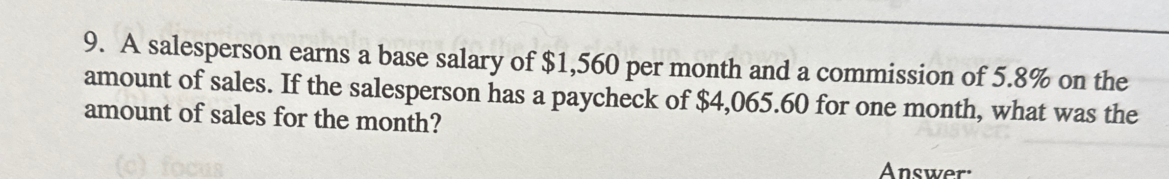 Solved A salesperson earns a base salary of $1,560 ﻿per | Chegg.com