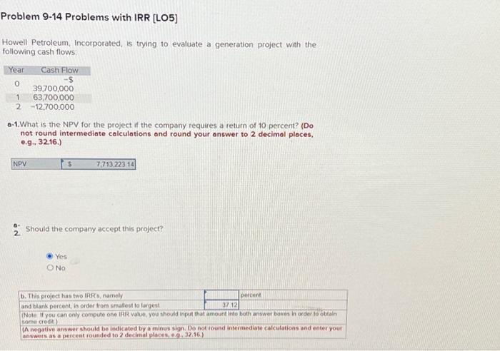 Solved Problem 9-14 Problems with IRR [LO5] Howell | Chegg.com