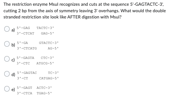 Solved The restriction enzyme Msul recognizes and cuts at | Chegg.com