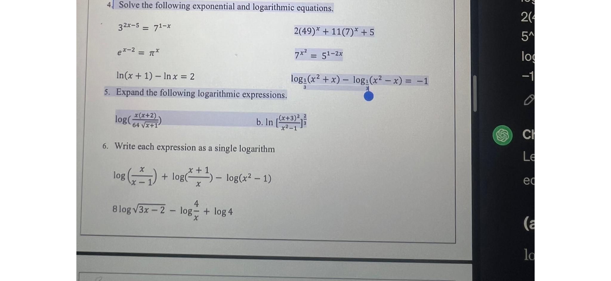 Solved Solve the following exponential and logarithmic | Chegg.com