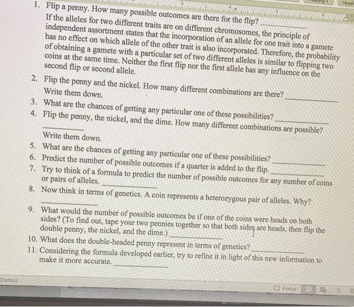 Head 1. Flip a penny. How many possible outcomes are | Chegg.com