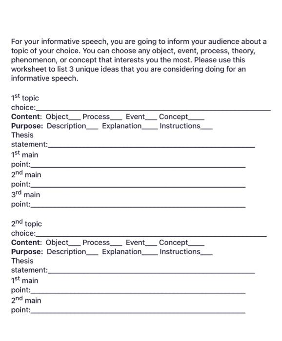 For your informative speech, you are going to inform | Chegg.com