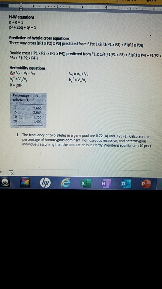 Solved X 1 .2 3 4. 5 .6. H-W equations p+q-1 pa+2pq+q* = 1 | Chegg.com