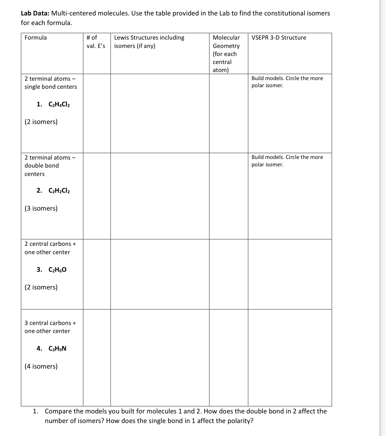 Solved Lab Data: Multi-centered molecules. Use the table | Chegg.com