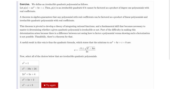 Solved Exercise. We define an irreducible quadratic | Chegg.com