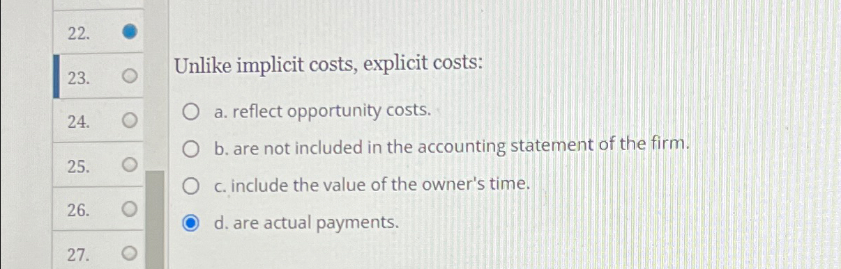 Solved Unlike implicit costs, explicit costs:a. ﻿reflect | Chegg.com