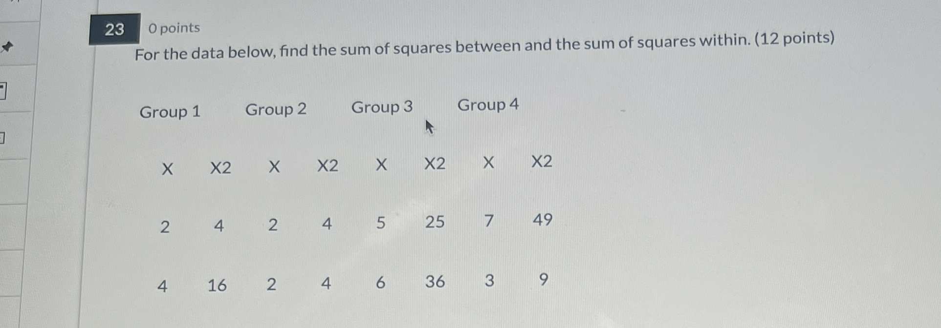 Solved 230 ﻿pointsFor the data below, find the sum of | Chegg.com