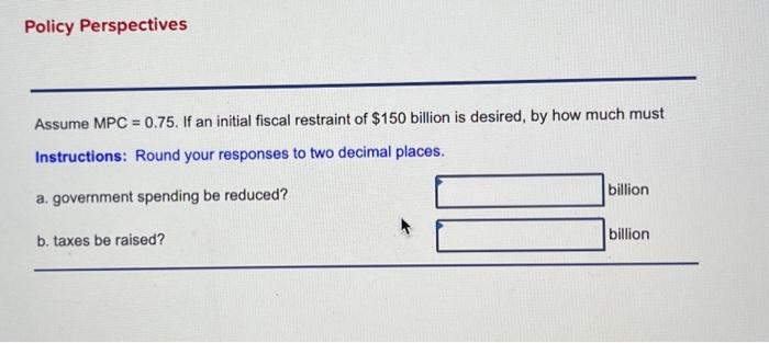 Solved Assume MPC =0.75. If an initial fiscal restraint of | Chegg.com