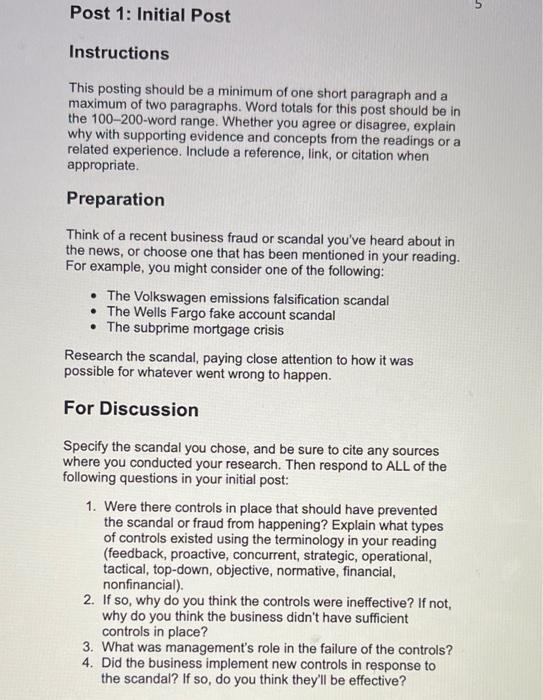 Solved 5 Post 1: Initial Post Instructions This posting | Chegg.com