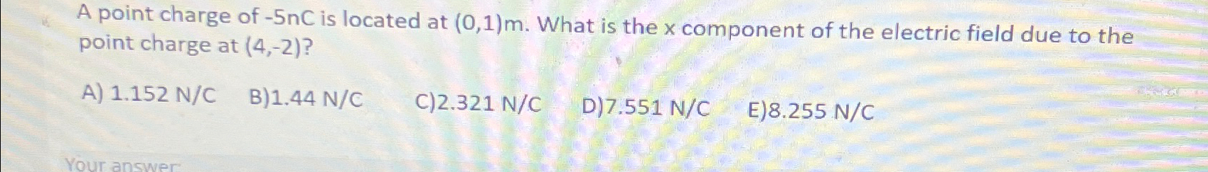 A point charge of -5nC ﻿is located at (0,1)m. ﻿What | Chegg.com