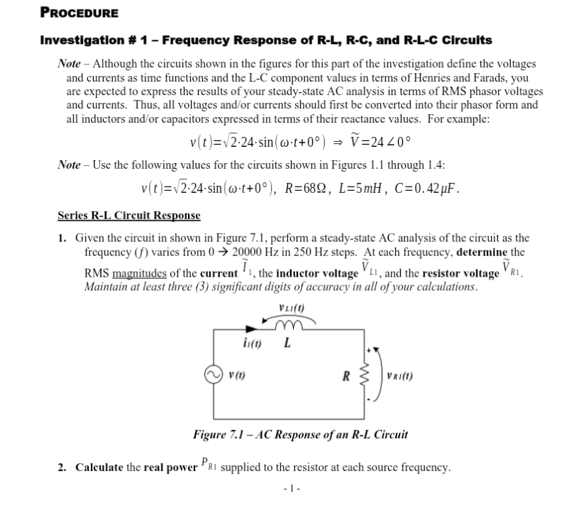 Solved vestigation \# 1 - Frequency Response of R-L, R-C, | Chegg.com