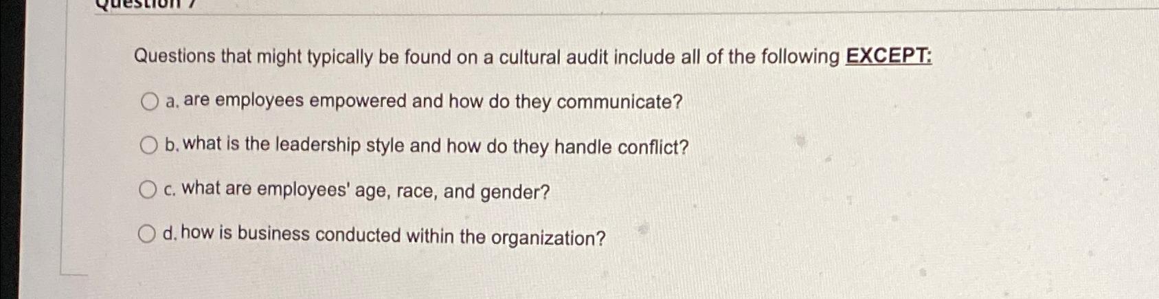 Solved Questions that might typically be found on a cultural | Chegg.com