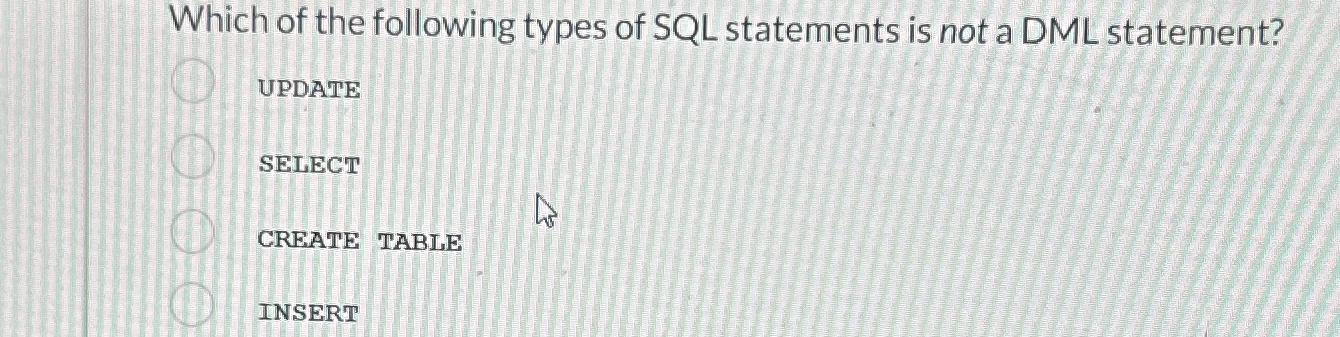 Solved Which of the following types of SQL statements is not | Chegg.com