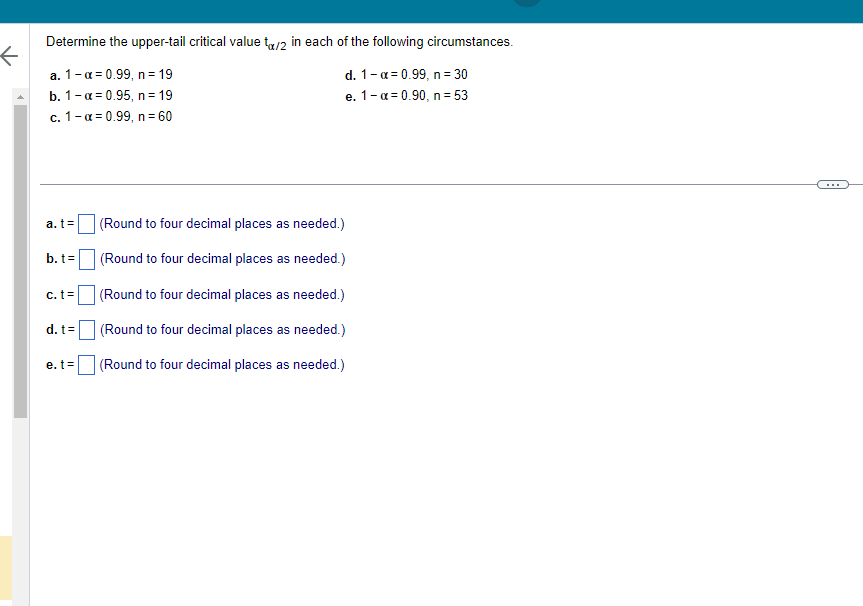Determine the ﻿upper-tail critical value t Subscript | Chegg.com