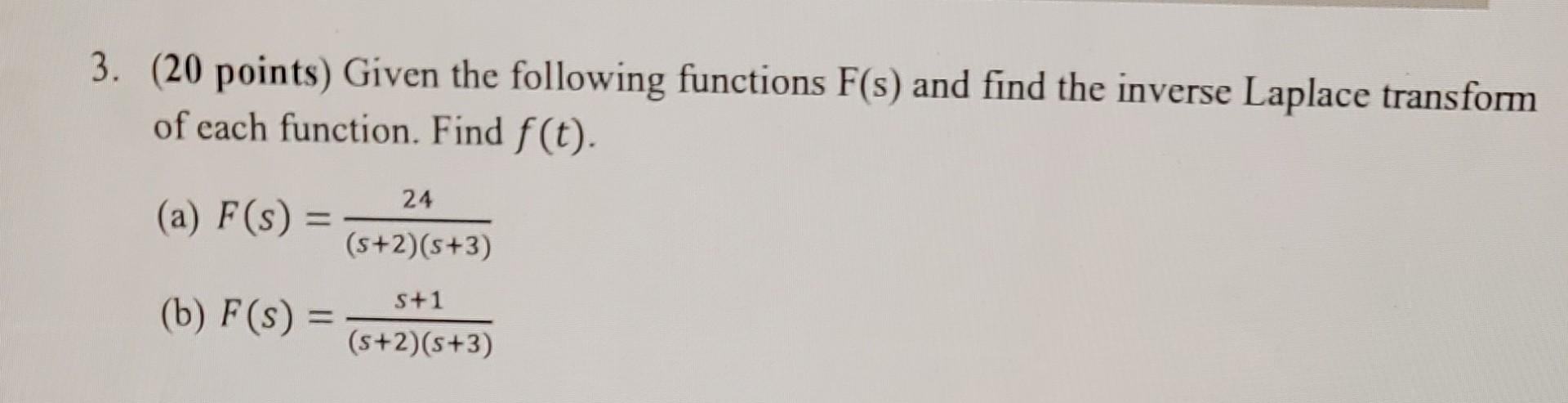 Solved 3. (20 points) Given the following functions F(s) and | Chegg.com