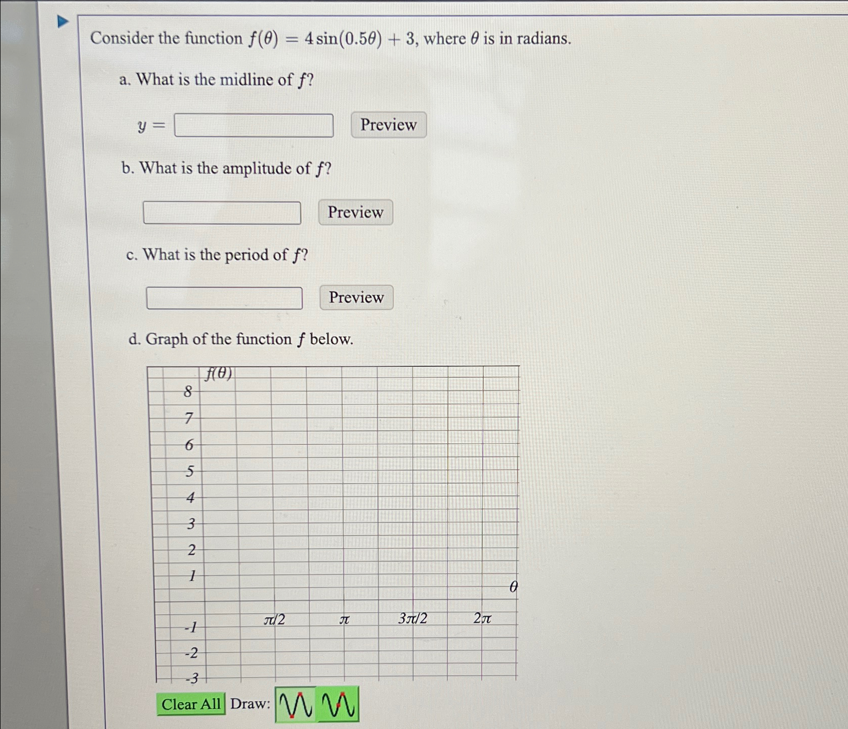 Solved Consider the function f(θ)=4sin(0.5θ)+3, ﻿where θ ﻿is | Chegg.com