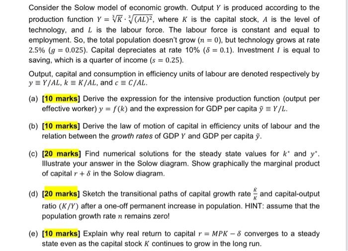 Solved Consider the Solow model of economic growth. Output Y | Chegg.com