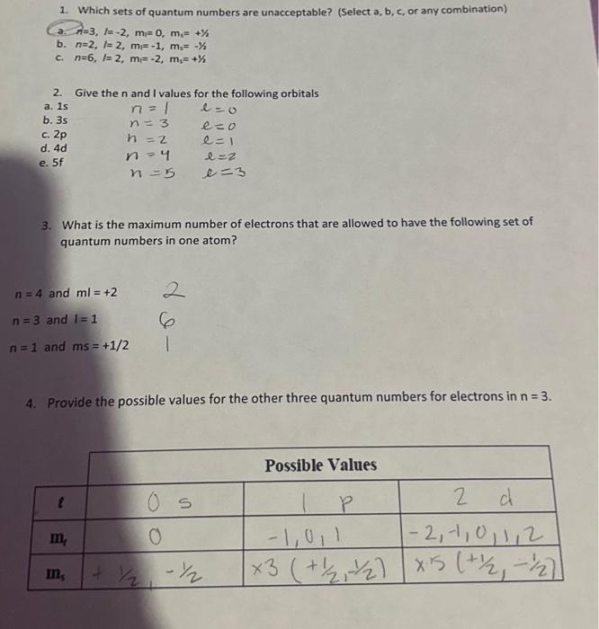 Solved 1. Which sets of quantum numbers are unacceptable? | Chegg.com