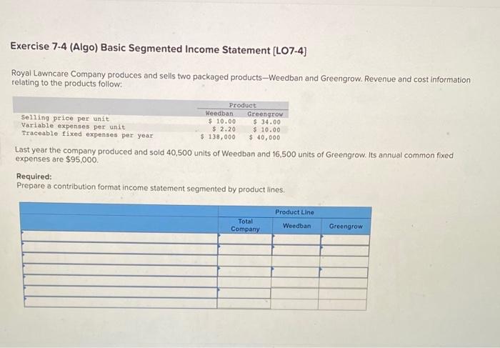 Solved Exercise 7-4 (Algo) Basic Segmented Income Statement | Chegg.com