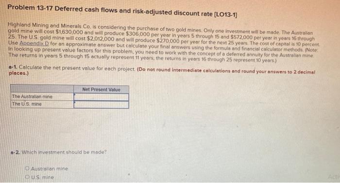 Solved Problem 13-17 Deferred cash flows and risk-adjusted | Chegg.com