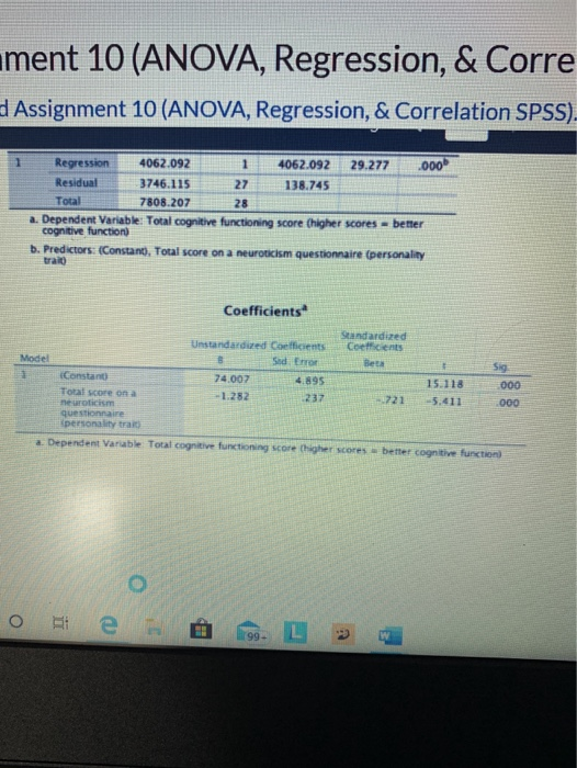 Solved ment 10 (ANOVA, Regression, & Corre Assignment 10 | Chegg.com