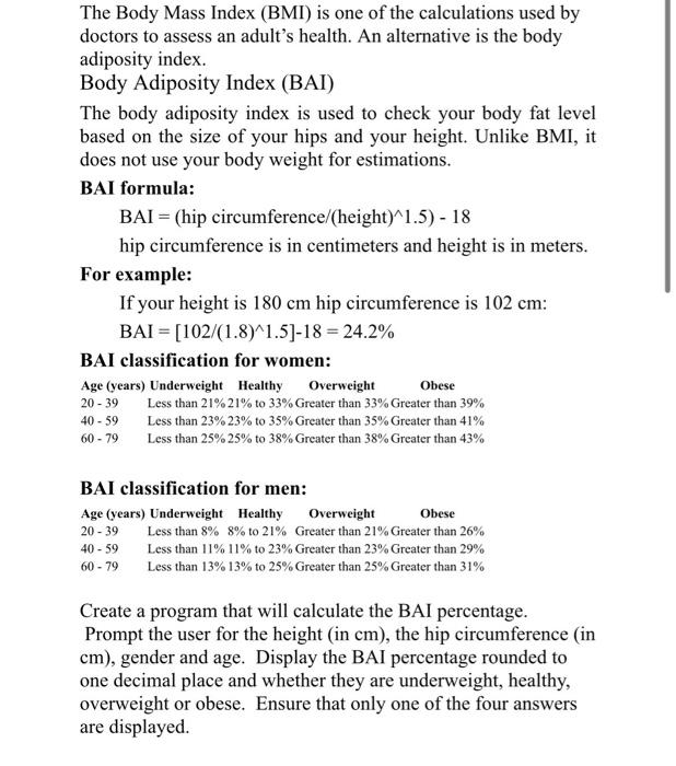 Solved The Body Mass Index (BMI) is one of the calculations | Chegg.com