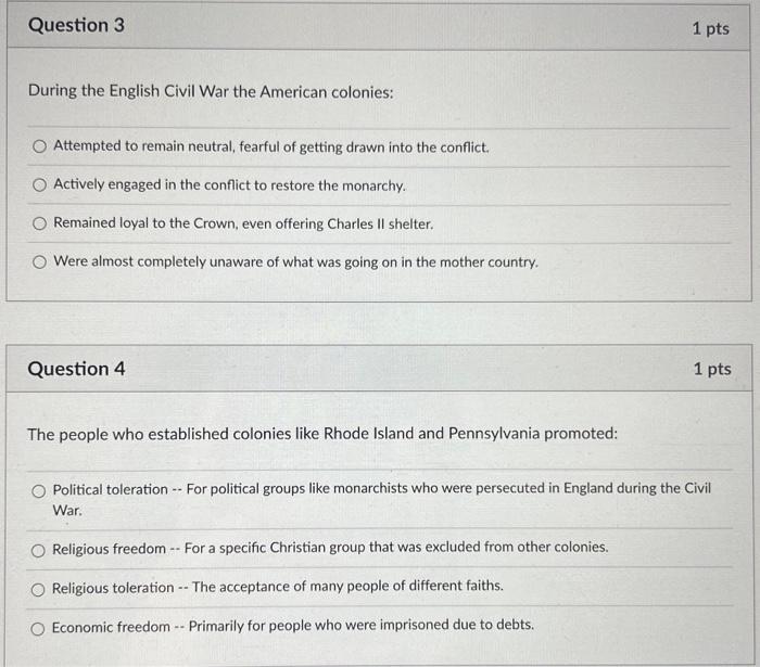 During the English Civil War the American colonies: | Chegg.com