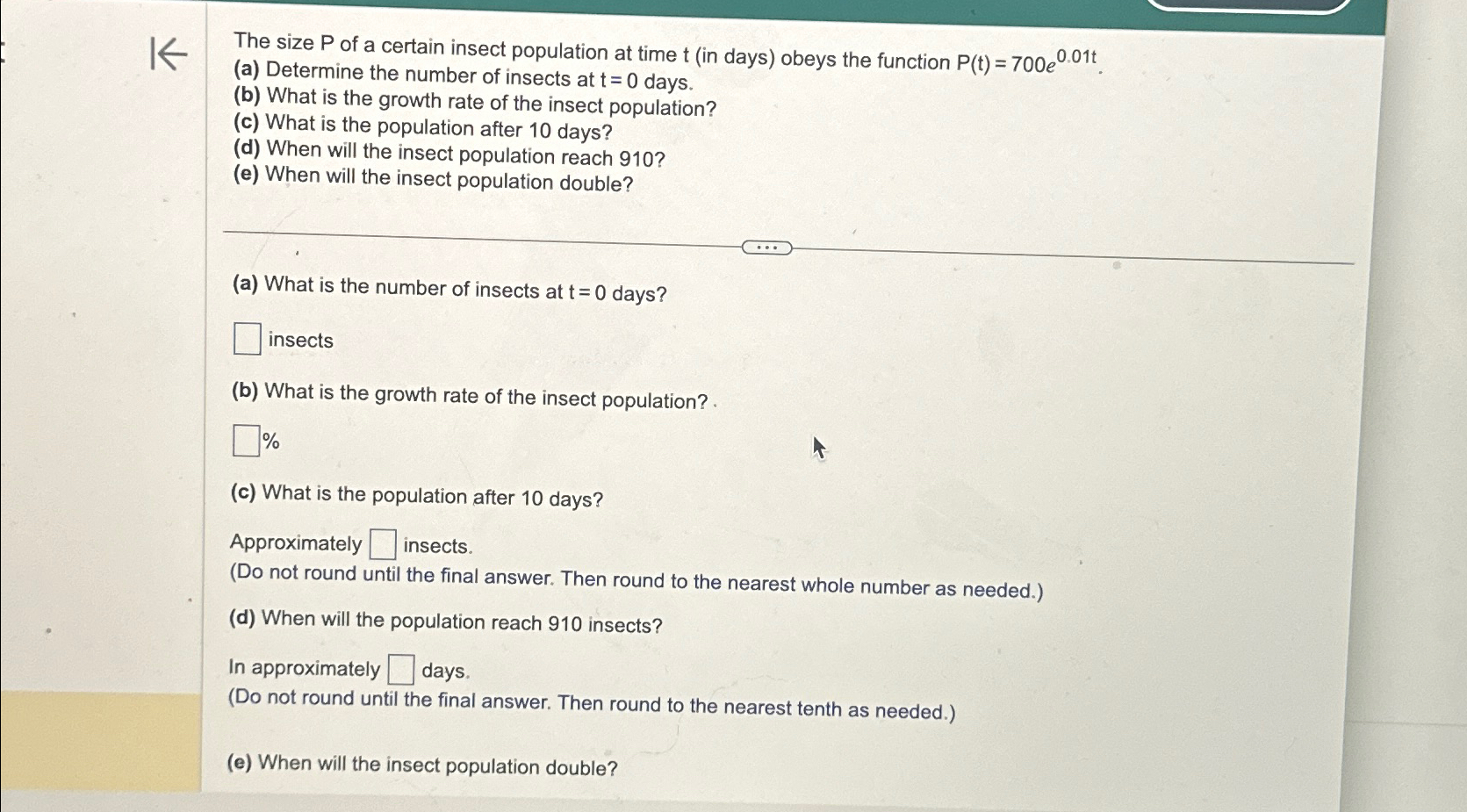 Solved The size P ﻿of a certain insect population at time | Chegg.com