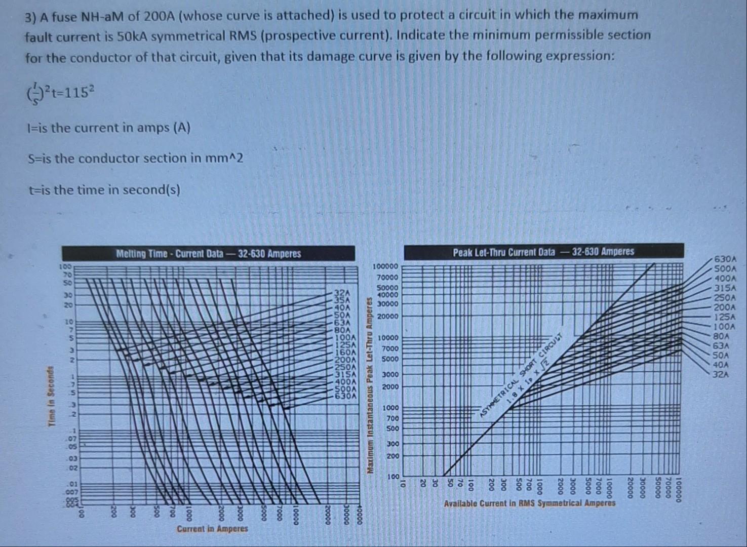 Solved 3) A fuse NH−aM of 200 A (whose curve is attached) is | Chegg.com