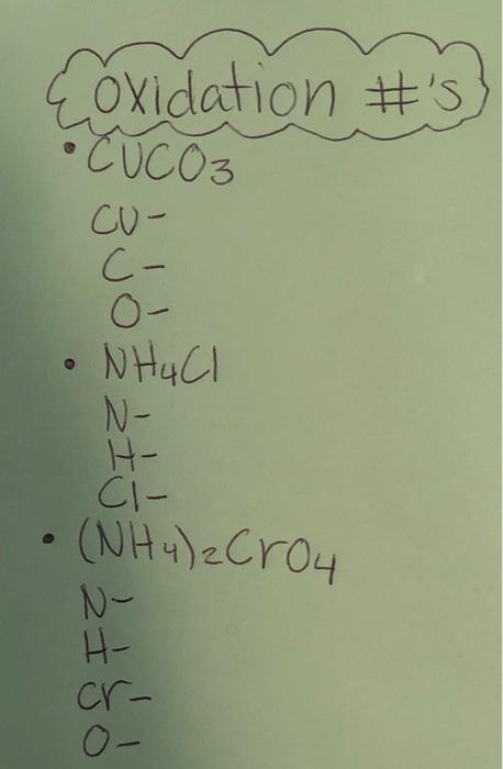 Solved Loxidation #'s • CUCO3 CU- C- O- NHU CI N- H- CI- • | Chegg.com