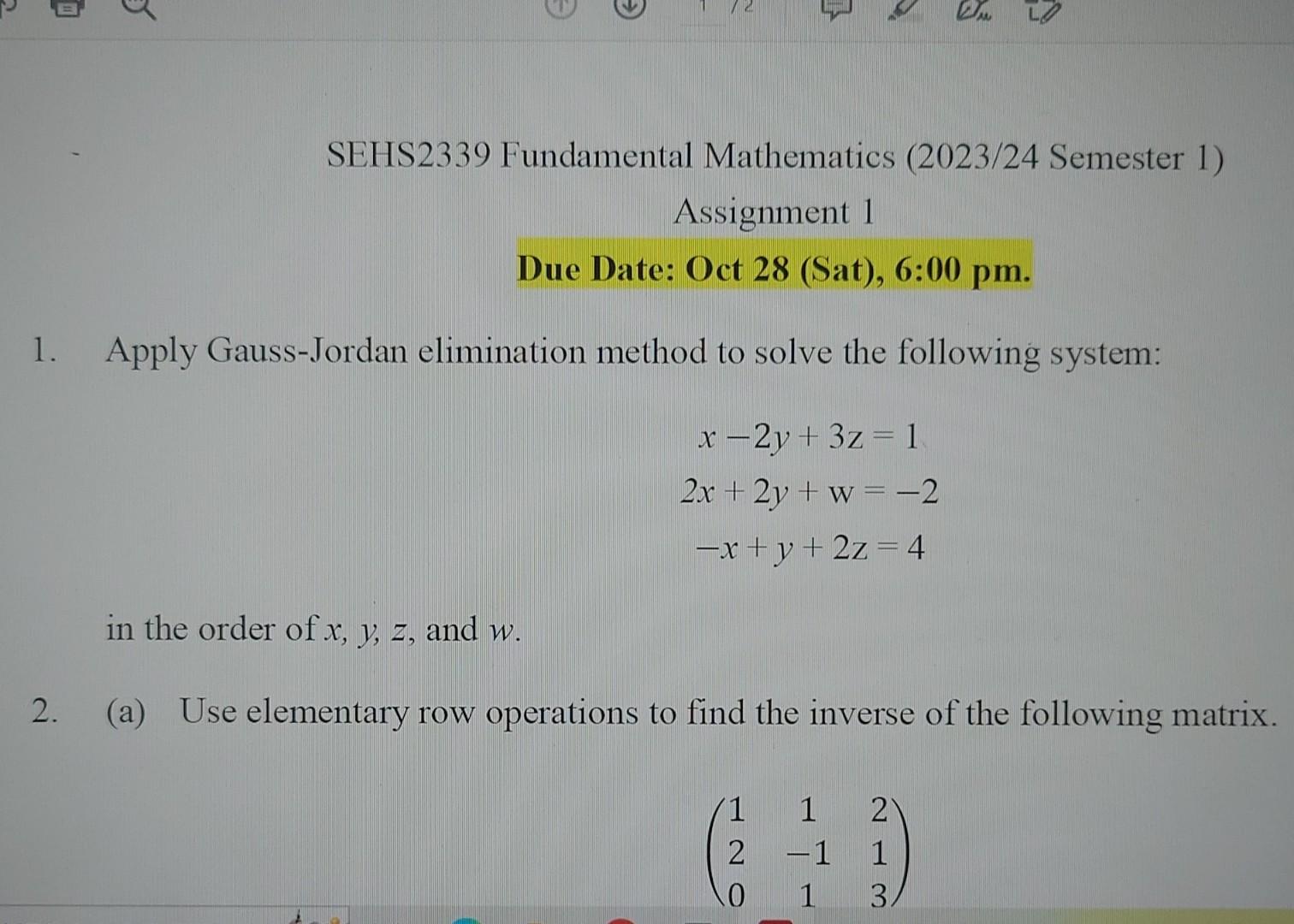 Solved SEHS2339 Fundamental Mathematics (2023/24 Semester 1) | Chegg.com