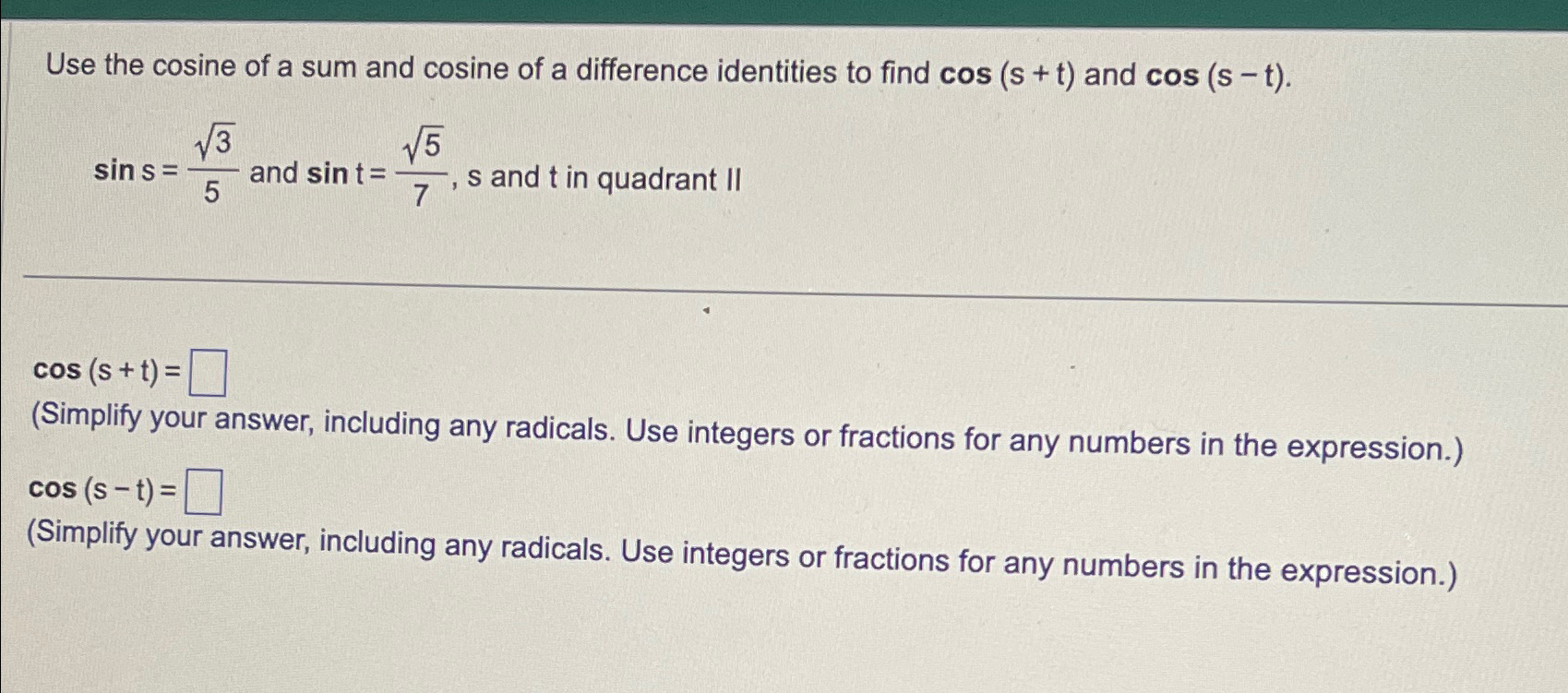 Solved Use the cosine of a sum and cosine of a difference | Chegg.com