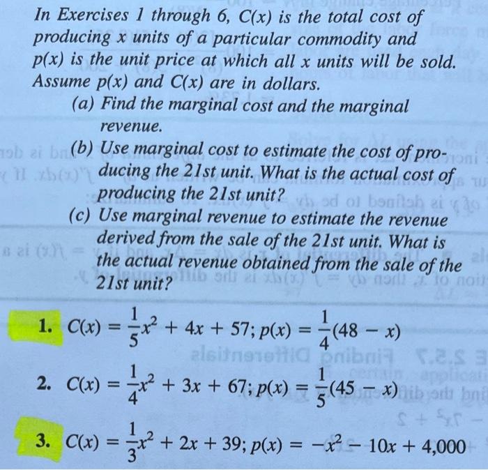 Solved In Exercises 1 through 6,C(x) is the total cost of | Chegg.com