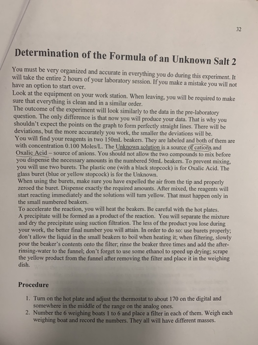 Data Sheet Determination of the Formula of a Salt 1 | Chegg.com