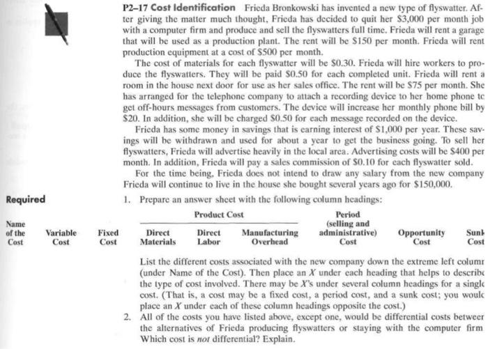 Solved P2-17 Cost Identification Frieda Bronkowski has | Chegg.com