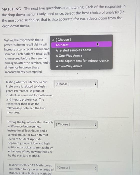 Solved MATCHING - The next five questions are matching. Each | Chegg.com