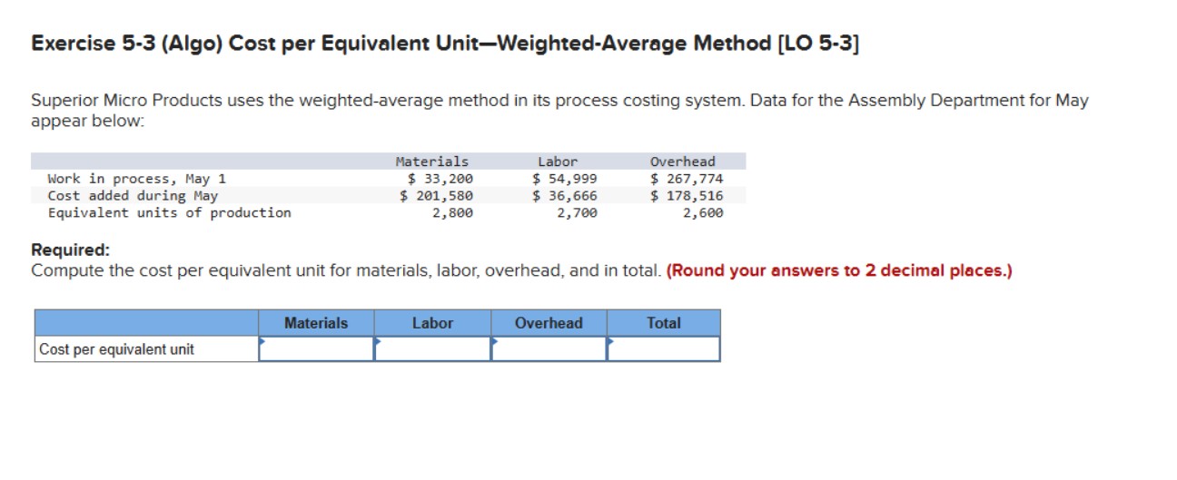 Solved Exercise 5-3 (Algo) ﻿Cost per Equivalent | Chegg.com