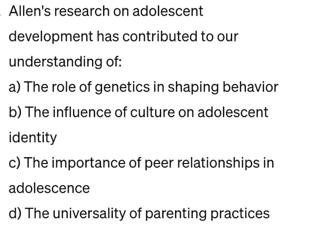 Solved psychology: Allen's research on adolescent | Chegg.com