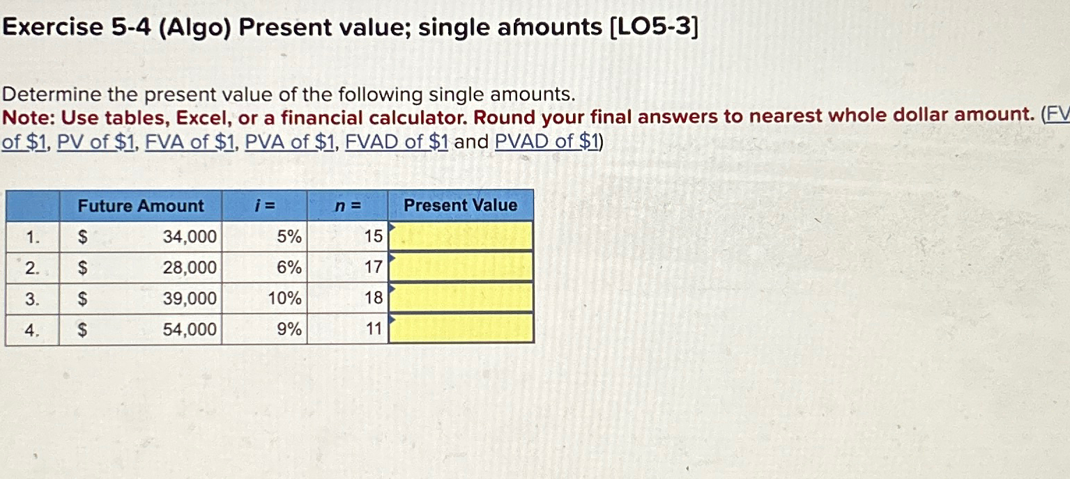 Solved DExercise 5-4 (Algo) ﻿Present value; single amounts | Chegg.com