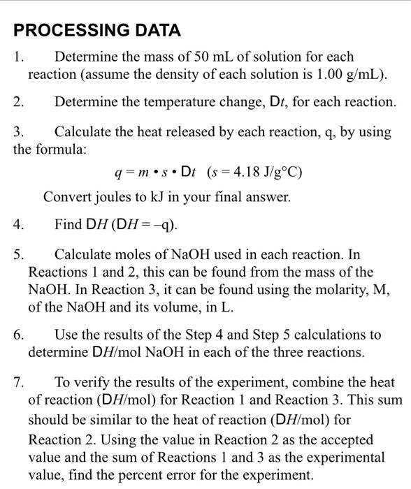 Solved PROCESSING DATA 1. Determine the mass of 50 mL of | Chegg.com