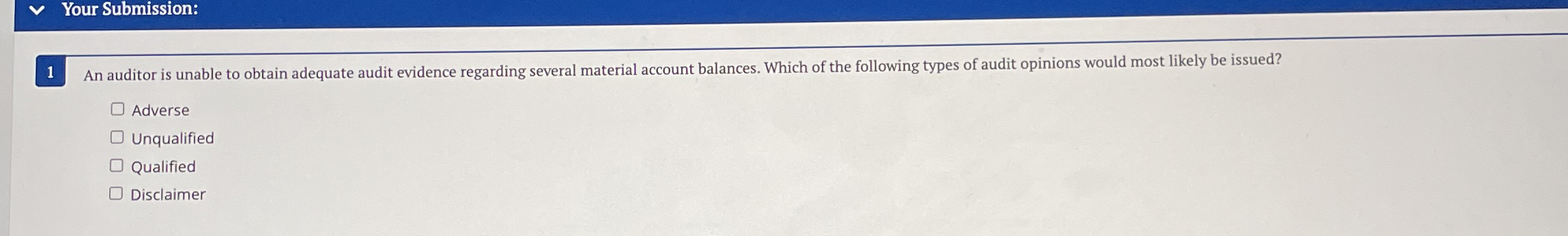 Solved Your Submission:1 ﻿An auditor is unable to obtain | Chegg.com