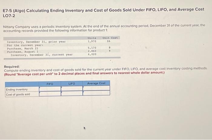 Solved E7-5 (Algo) Calculating Ending Inventory and cost of | Chegg.com