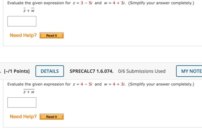 Solved Evaluate the given expression for z = 3 - 5i and w = | Chegg.com