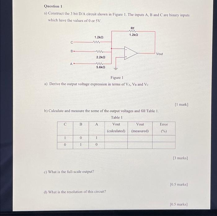 Solved a) Construct the 3 bit D/A circuit shown in Figure 1 | Chegg.com