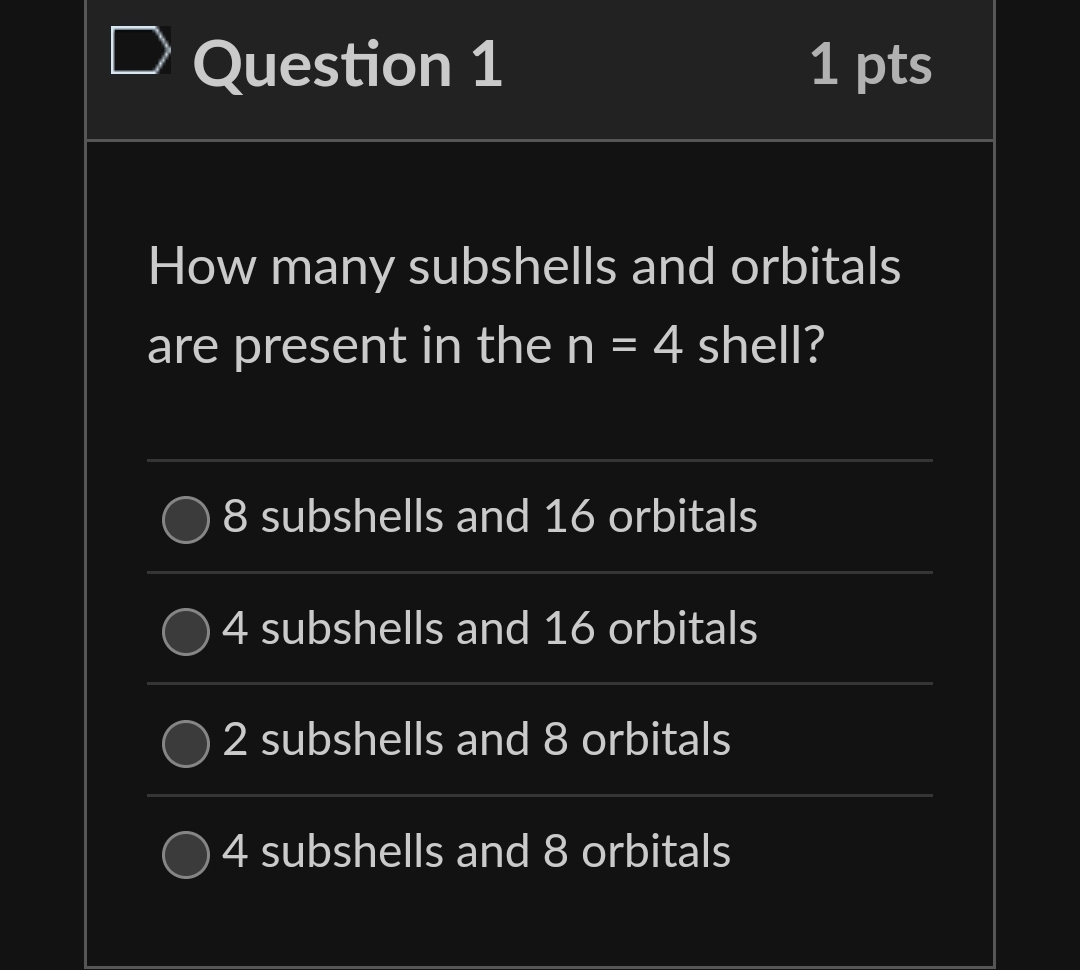 Solved Question 11 ﻿ptsHow many subshells and orbitals are | Chegg.com
