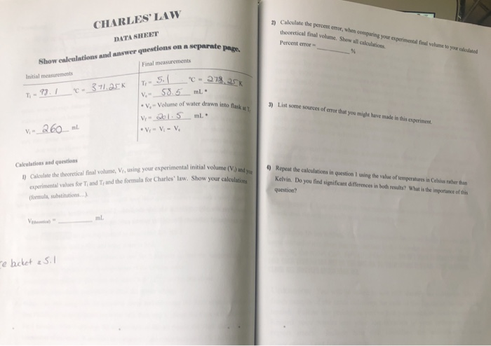 Solved CHARLES' LAW DATA SHEET Calculate the percent error, | Chegg.com