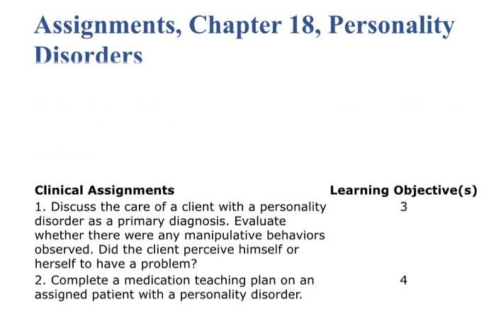 Solved Assignments, Chapter 18, Personality Disorders | Chegg.com