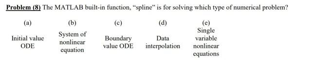 Solved Problem (8) The MATLAB built-in function,"spline" is | Chegg.com