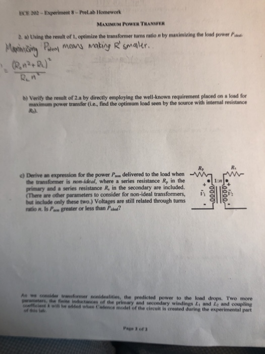 ECE 202 - Experiment 8 - Prelab Homework MAXIMUM | Chegg.com