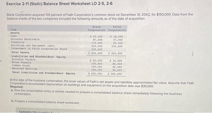 Solved Exercise 2-11 (Static) Balance Sheet Worksheet LO | Chegg.com